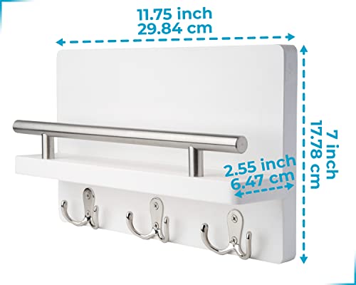 Comfify Key Holder for Wall - Natural Pine Wood Texture, Modern Decorative Finish, Metal Key Hooks with Mail Organizer/Sorter Slot White