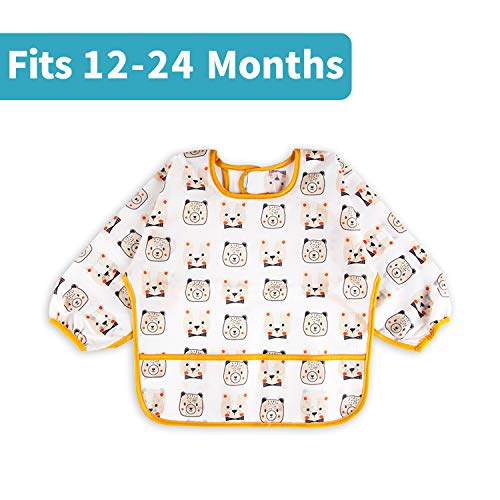 3 Pcs Long Sleeved Bib Set, Baby Toddler Waterproof Bibs with Sleeves, Catcher, Pocket Bundle, Play Smock Apron, 12-24 Months