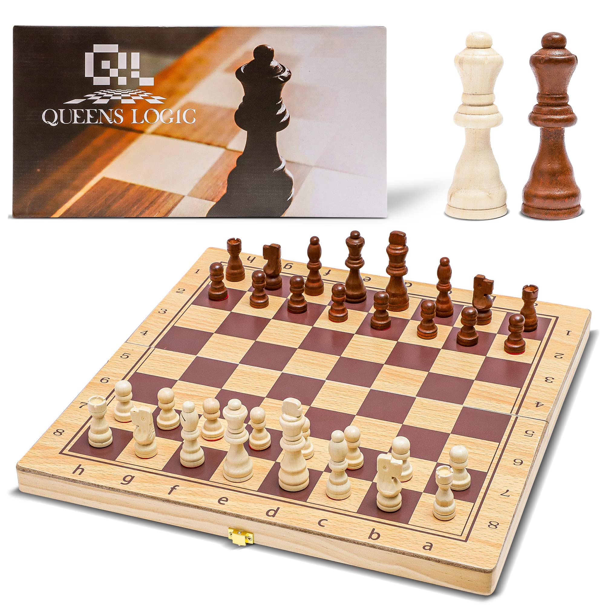 15" Wooden Chess Set with Weighted Chess Pieces, Folding Chess Board Set with Instructions & Storage Slots, Portable Travel Chess Sets for Adults and Kids