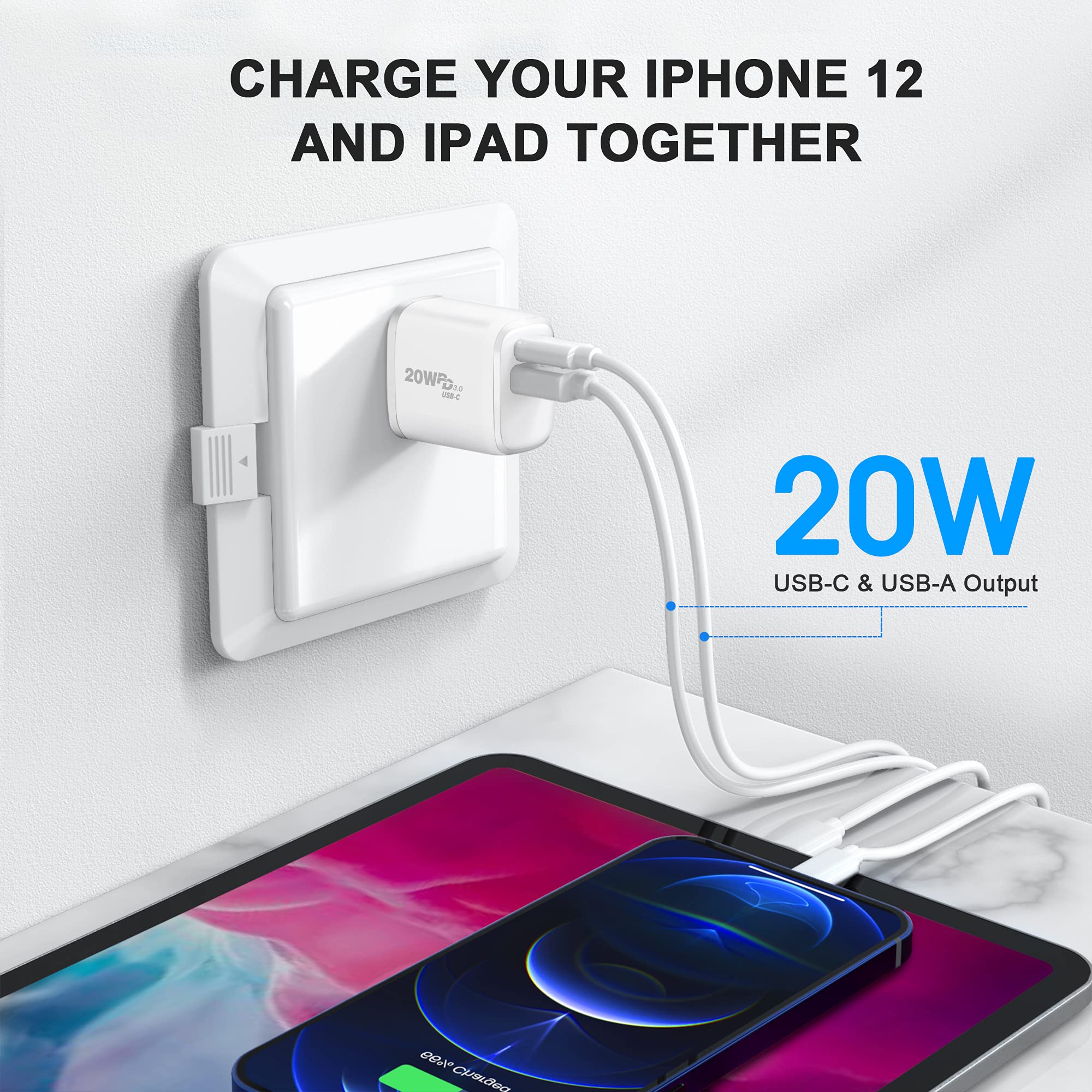 2-Pack Fast Charging Block, Upgraded 20W USB C Wall Charger Block, Dual Port PD Power Delivery Type C Charge Adapter Brick for iPhone 14/13/12/11 /Pro/Max/Mini/iPad/Samsung Galaxy, Watch Series 7