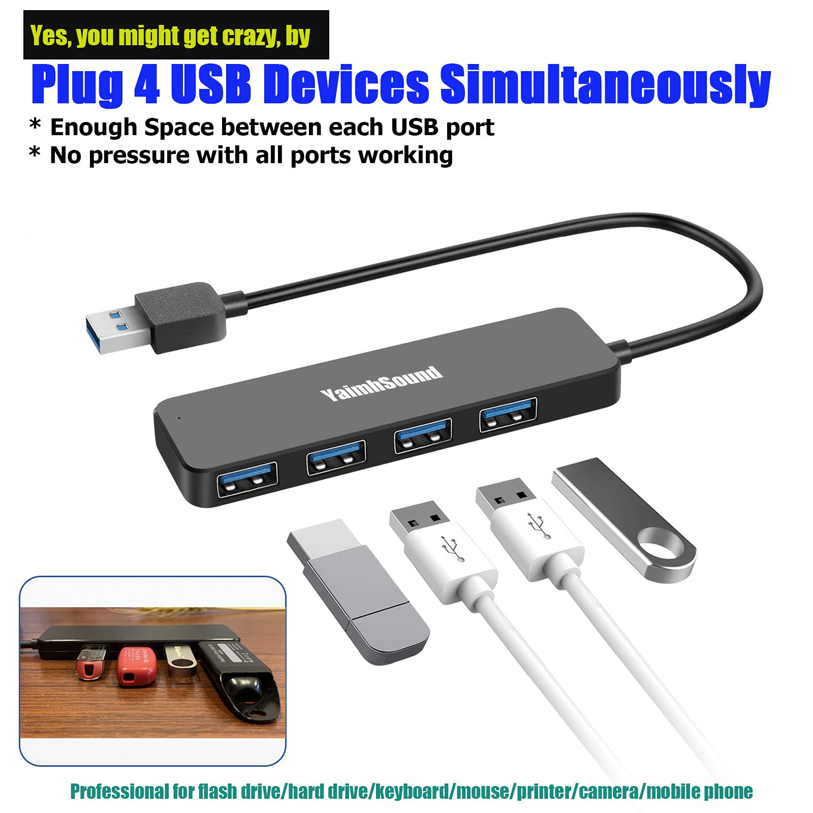 4-Port USB Hub 3.0, YaimhSound USB Splitter for Laptop, Keyboard and Mouse Adapter for Dell, Asus, HP, MacBook Air, Surface Pro, Acer, Xbox, Flash Drive, HDD, Console, Printer, Camera