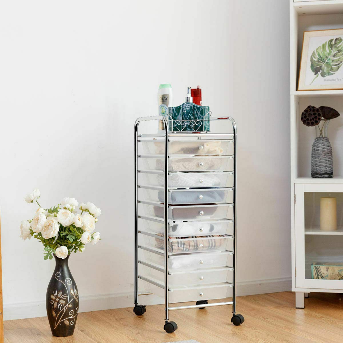 10 Drawer Storage Cart Rolling Cart File Scrapbook Paper Mobile Organizer for School Office (Clear)