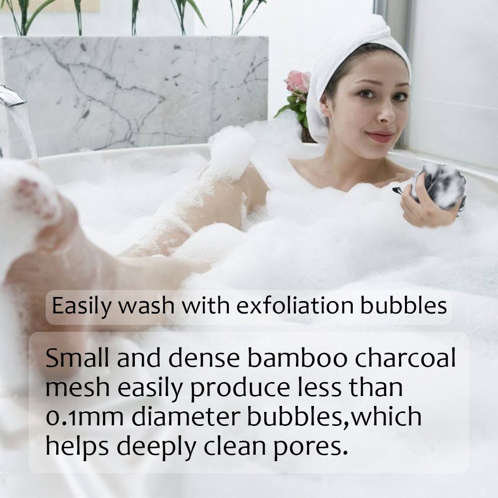 4 Packs Bath Loofahs-Eco-Friendly Carbonized Bamboo Bath Shower Sponge Mesh Pouf Loofahs Shower Ball Loofahs Bath Sponge-Exfoliate,Cleanse,Soothe Skin(60g/pcs)