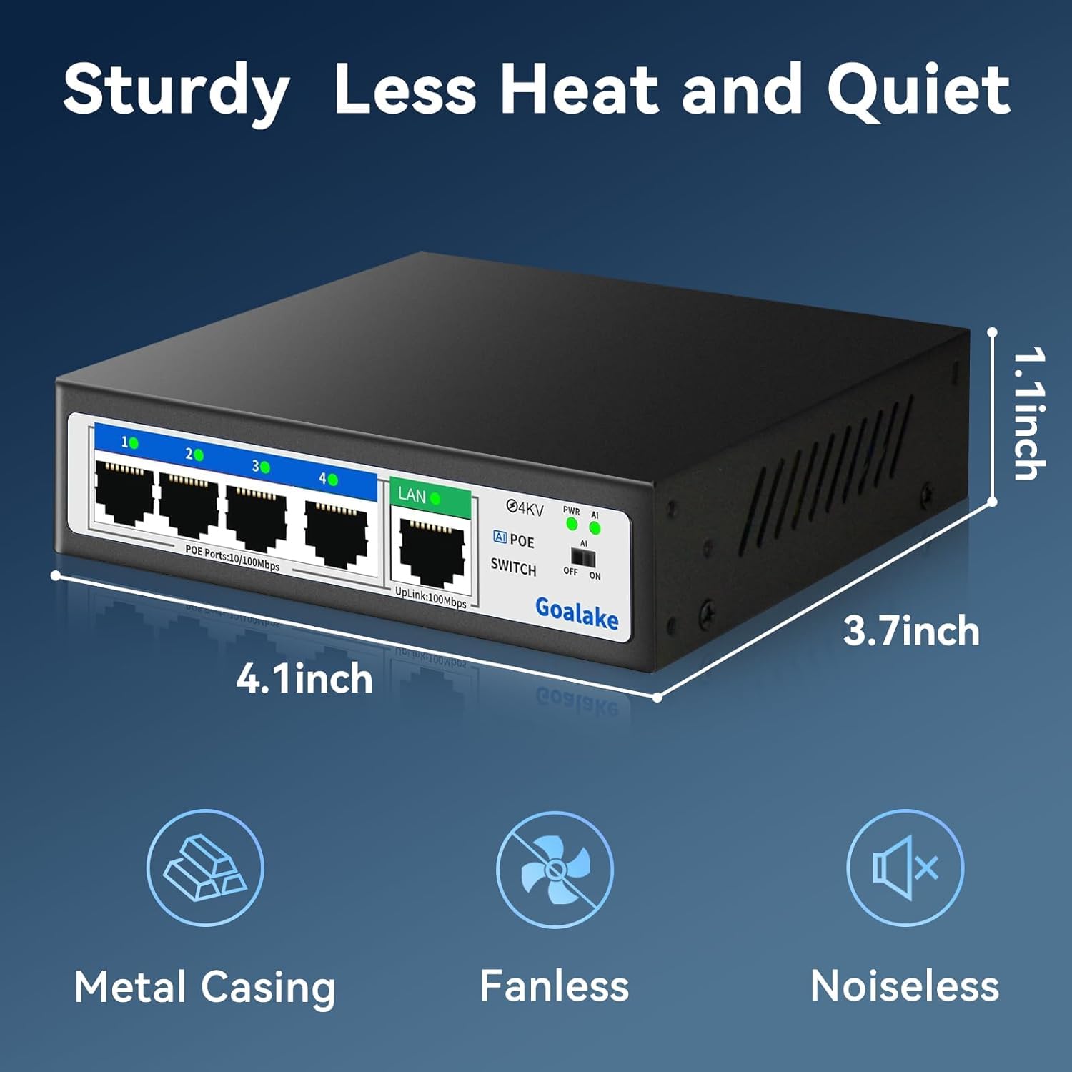 Goalake 5 Port Ethernet PoE Switch (4 Port Poe Switch with1 Uplink Port adn Extend Function) , Unmanaged PoE Switch with 4 Port PoE+@52W, Plug & Play, Fanless & Metal Design , Desktop or Wall Mount
