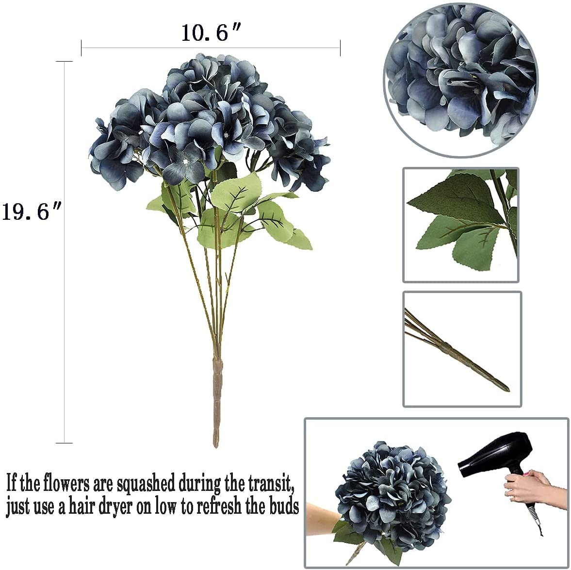 2Bouquets Artificial Vintage Silk Hydrangeas Flowers with Stems,10Heads Flower Home Kitchen Garden Party Festival Bar,Weddings and Celebrations DIY (Dark Gray)