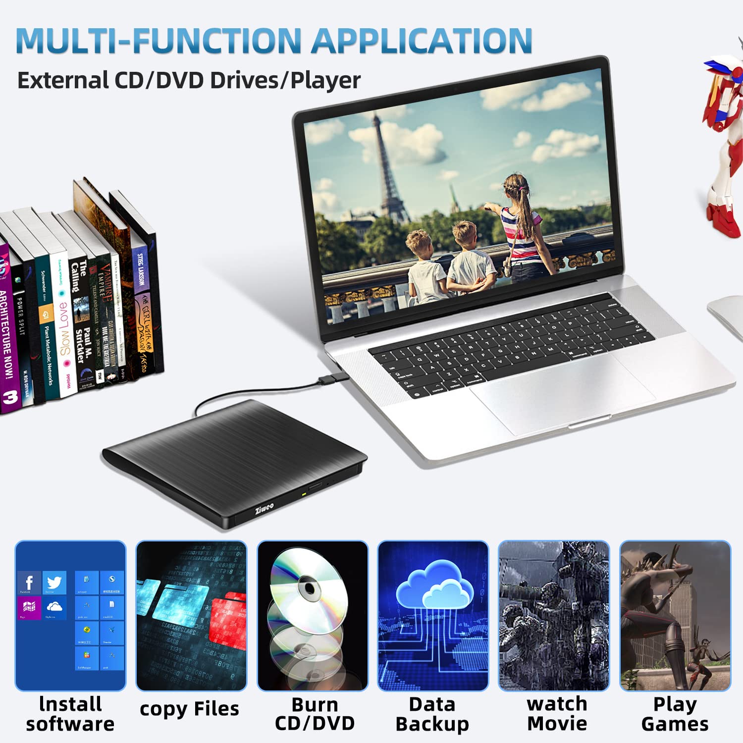 External DVD Drive USB 3.0 Type-C CD Burner Portable CD +/-RW Drive DVD Player for ROM Rewriter Burner Compatible with Laptop Desktop PC Windows MacBook Linux Mac OS