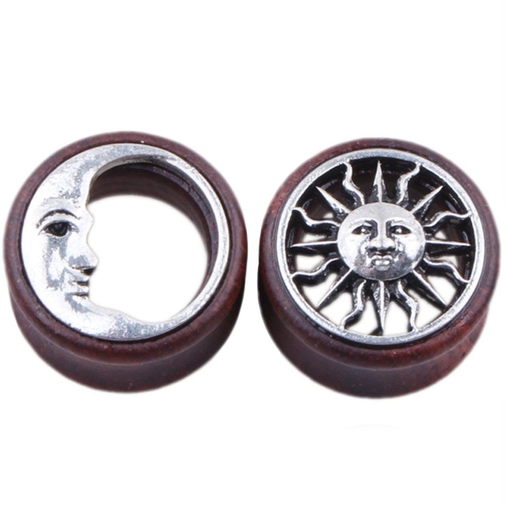 1/2" 12mm Tribal Sun & Moon Organic Wood Flesh Tunnel Double Flared Ear Gauge Stretcher Saddle Plug
