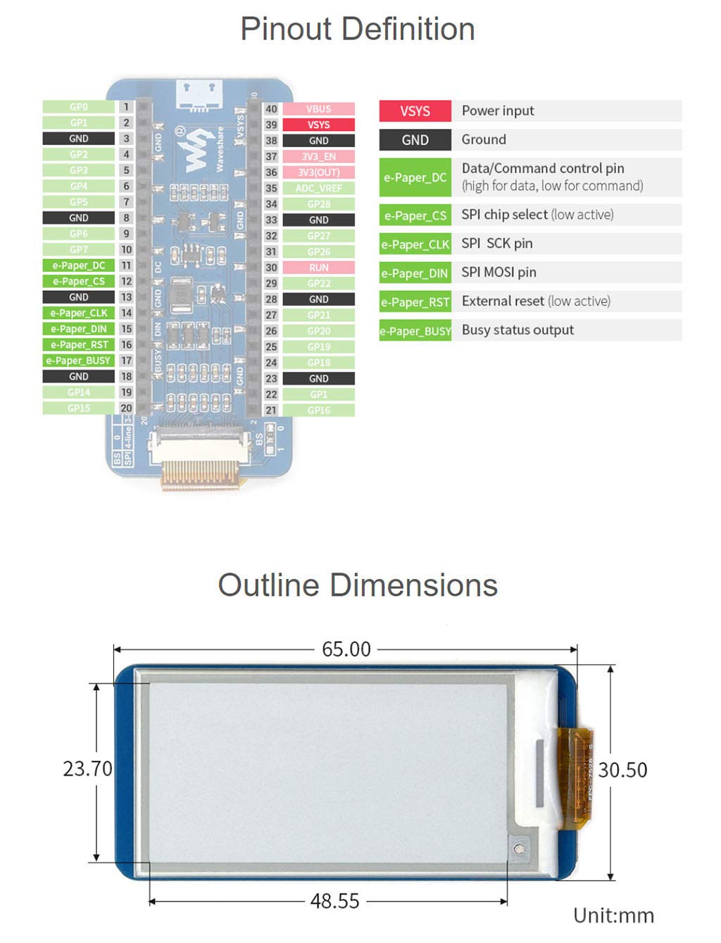 2.13inch E-Paper E-Ink Display Module for Raspberry Pi Pico, 250×122 Pixels, Two Colors Black/White, SPI Interface Support Partial Refresh