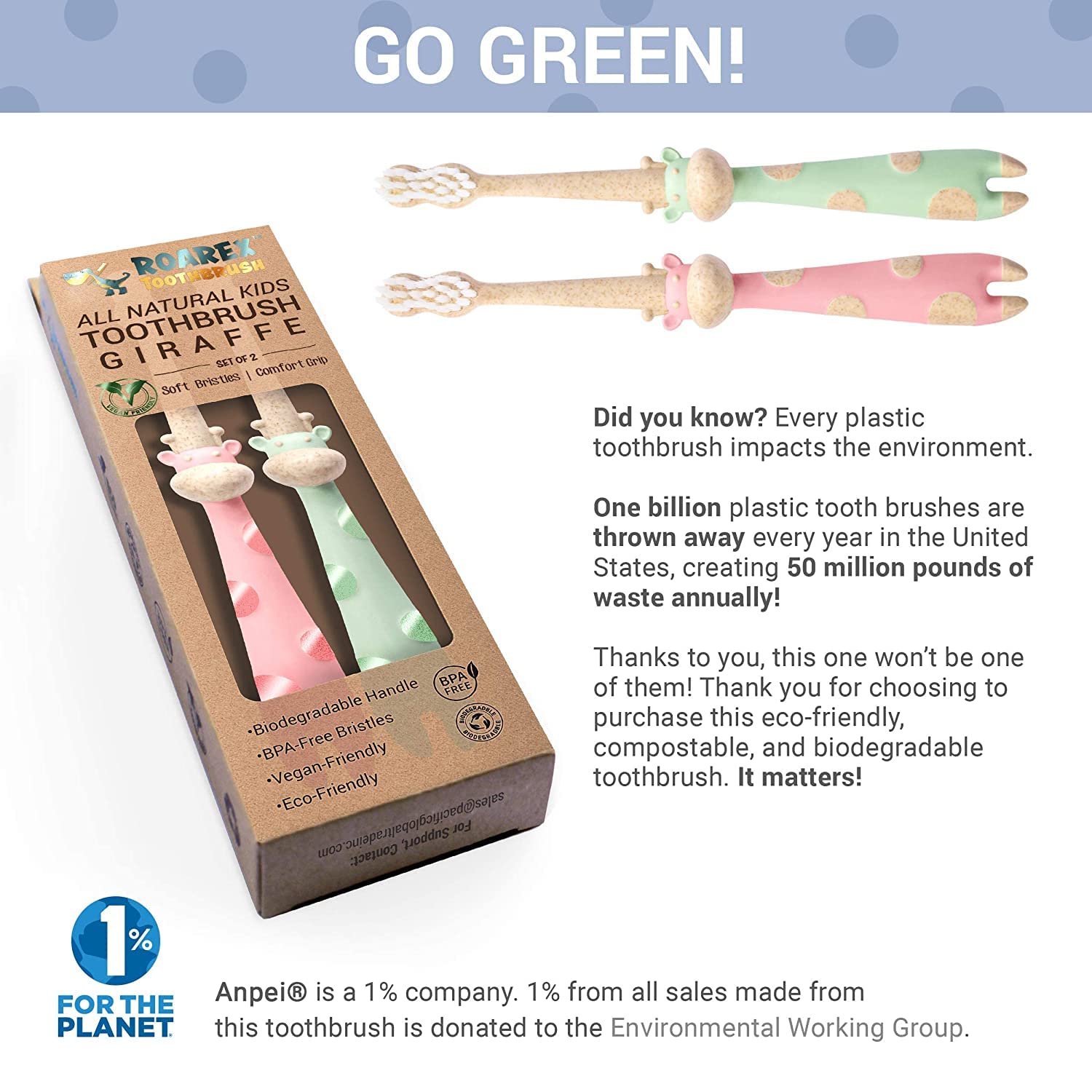 ANPEI ROARex Vegan Eco Friendly All Natural Kids Toothbrush Made from Plants – Sweet Baby Giraffe | 100% Biodegradable and Compostable | 1% for The Planet Product