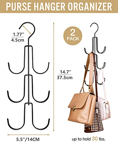 2Pack Purse Hanger Organizer for Closet Handbag Silver Metal Holder, Hanging Closet Organization Storage Scarves, Men's Ties, Women's Shawls, Backpacks, Belts, Accessories, Clothes (Black)