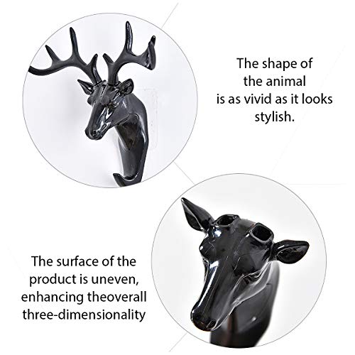 6.69"x7.28" Black Creative Antler Home Decoration Resin Hook Wallhook for Key Personality Animal Deer Head Free Punch Towels Wall Hook
