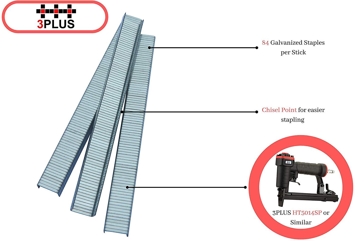 3PLUS T50/06 20 Gauge 3/8-Inch(10.6mm) Crown 1/4-Inch Leg Length Galvanized Fine Wire Staples, 5,000 per Box