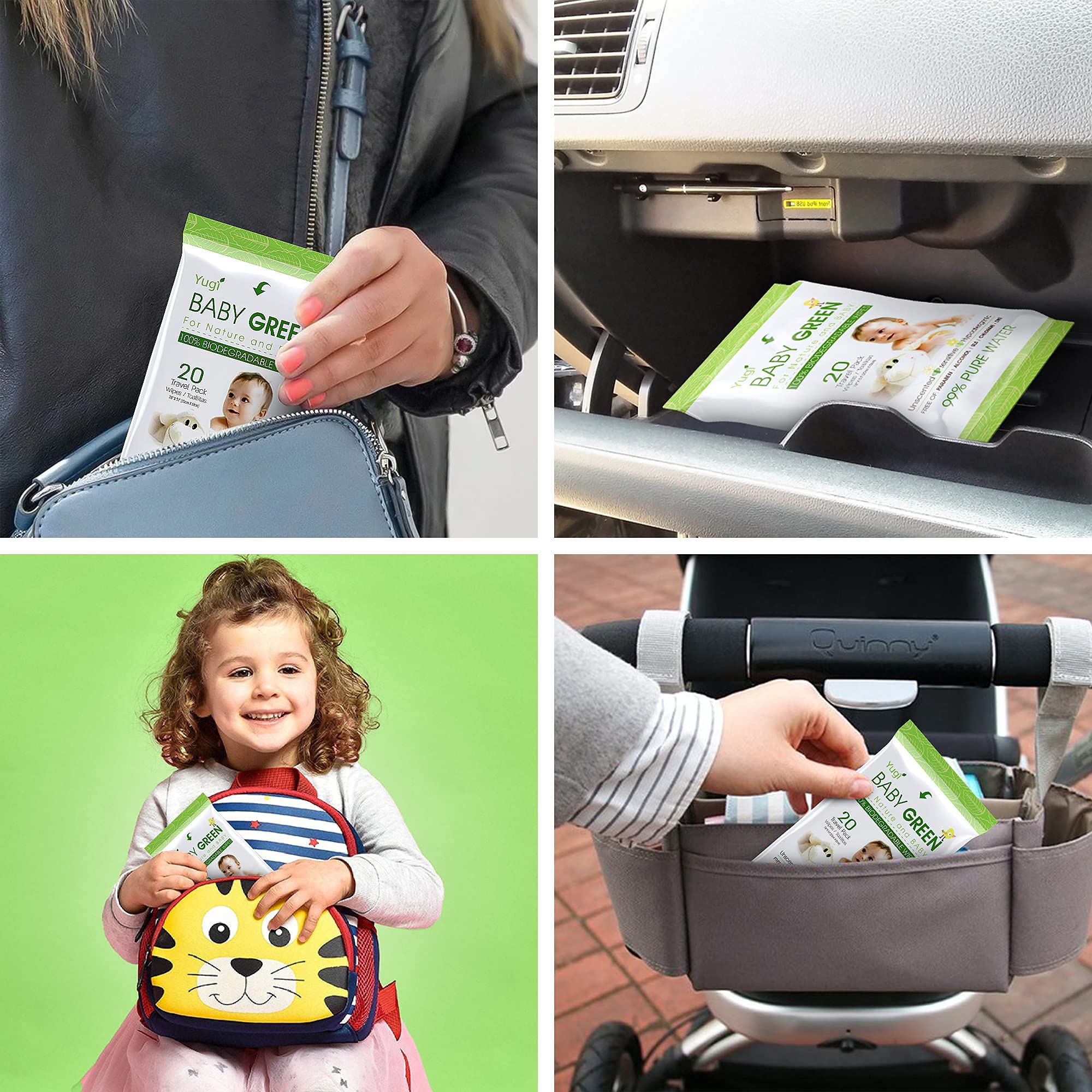 Baby Green Wipes Unscented compostable Organic Biodegradable – Travel Pack (12 Packs of 20) 240 for Sensitive Skin