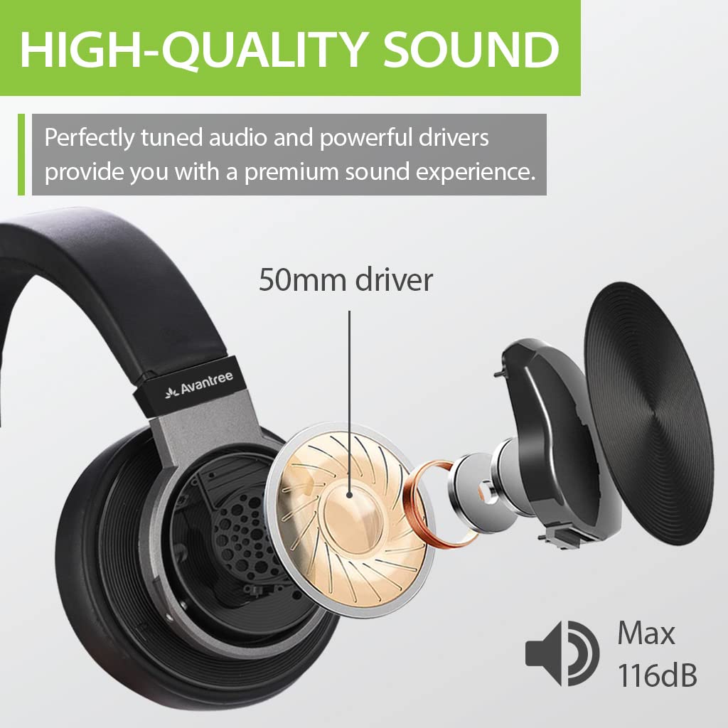 Avantree HF049 Extra Long Coiled Cord Over Ear Wired Headphones for TV (Without Volume Control) and PC, 3.5mm AUX 16ft / 5M Extended Cable with Clip, 50mm Drivers High-Precision Sound, 6.35mm Adapter