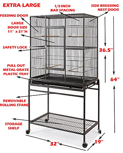 64" Extra Large Wrought Iron Breeding Flight Canary Parakeet Cockatiel Lovebird Finch Cage Side Nesting Doors with Removable Rolling Stand
