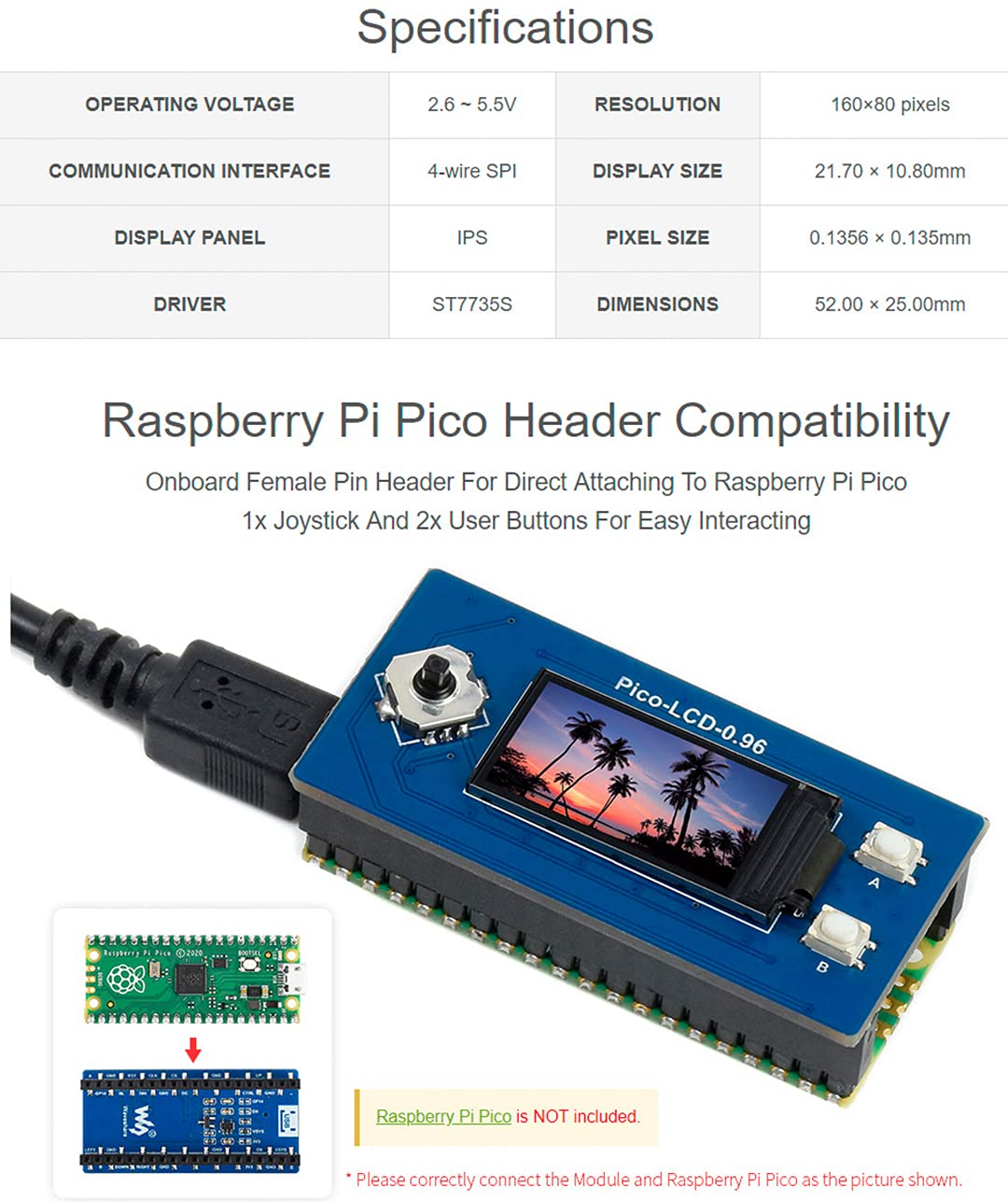 waveshare 0.96 inch LCD Display for Raspberry Pi Pico, 65K Colors Display Module, IPS Screen, 160×80 Pixels, Embedded ST7735S Driver, Using SPI Bus, Compatible with Raspberry Pi Pico Header