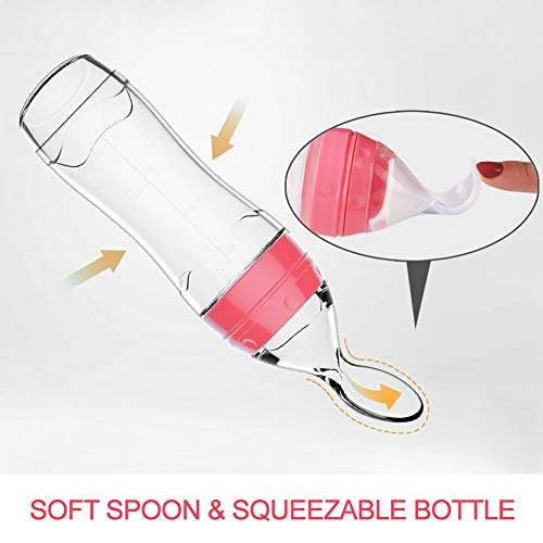Baby Mate 4oz & 3oz Silicone Baby Food Dispensing Spoon Combo (Pink, Ideal for 4 Months+ Babies) FDS - Infant Feeders for Cereal and Baby Food - Silicone Squeeze Feeder with Spoon - Solid Feeding