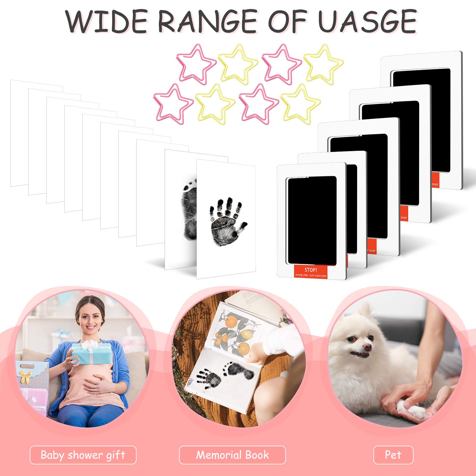 23 Piece Large and Medium Inkless Keepsake Ink Pad Kit Include 5 Clean Touch Ink Pads 10 Card and 8 Star Shaped Paper Clips Pet Paw Inkless Print Kit Great for Family Keepsake Newborn Registry