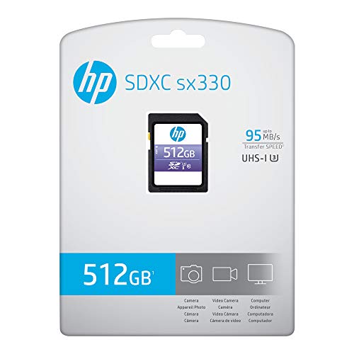 HP 512GB sx330 Class 10 U3 SDXC Flash Memory Card - 95MB/s, Class 10, U3, 4K UHD, Full HD, UHS-I, Full Size SD