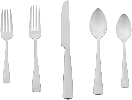 Amazon Basics 18-Piece Kitchen Dinnerware Set, Plates, Dishes, Bowls, Service for 6 - White & 20-Piece Stainless Steel Flatware Set with Square Edge, Service for 4