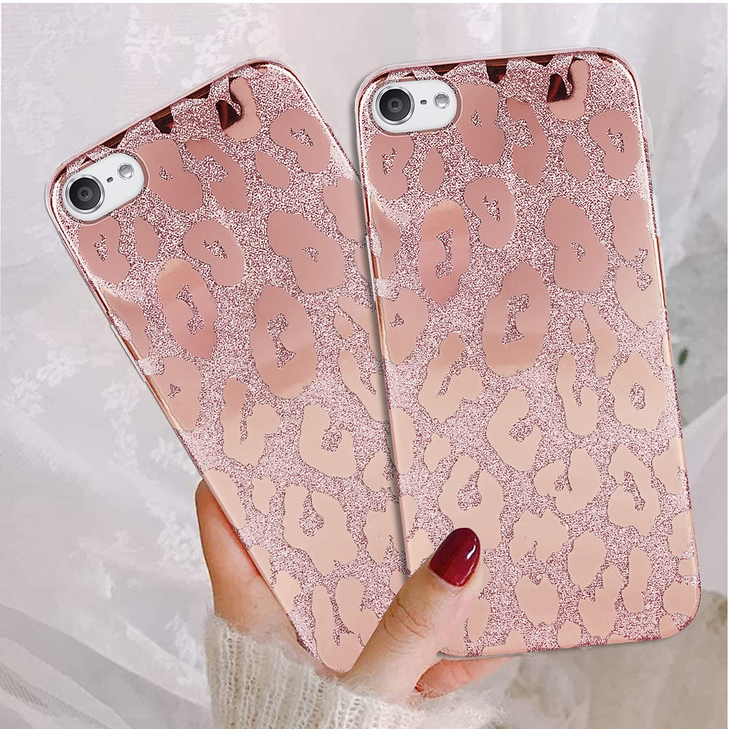 iPod Touch 7th Generation Case, J.west iPod Touch 6 iPod 5 Case, Luxury Saprkle Bling Glitter Metallic Leopard Print Design Soft Slim Protective Cases for Women Girls Silicone Cover Rose Gold