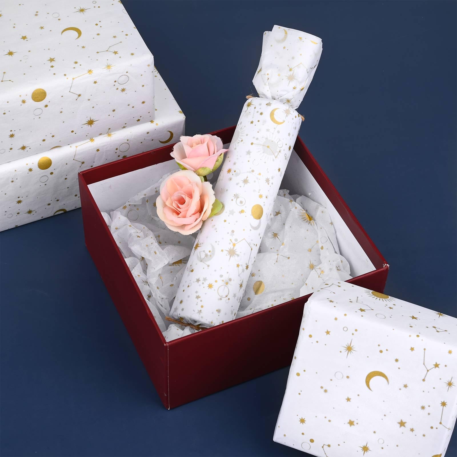 100 Sheets 20 * 14 Inches Galaxy Tissue Paper for Gift Wrapping, White Gold Moon Star Printed Tissue Paper for Gift Bags for Birthday Baby Shower Wedding DIY Craft
