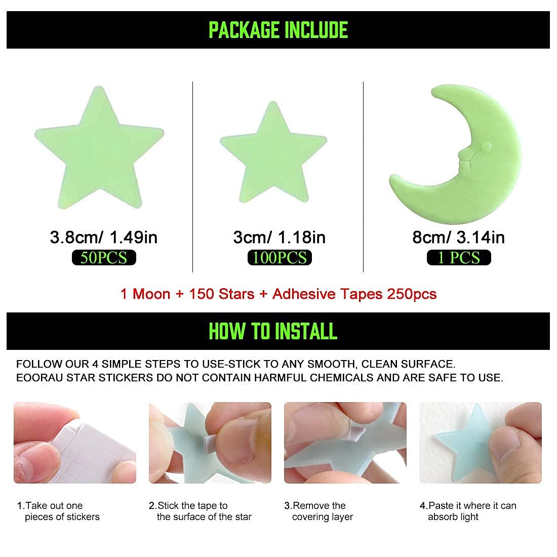 150pcs Glow in The Dark Ceiling Stars, Mixed Colour Superbright Plastic Stars Wall Decor, Removable Reusable Wall Sticker Murals Decoration for Nursery Room Decor for Children