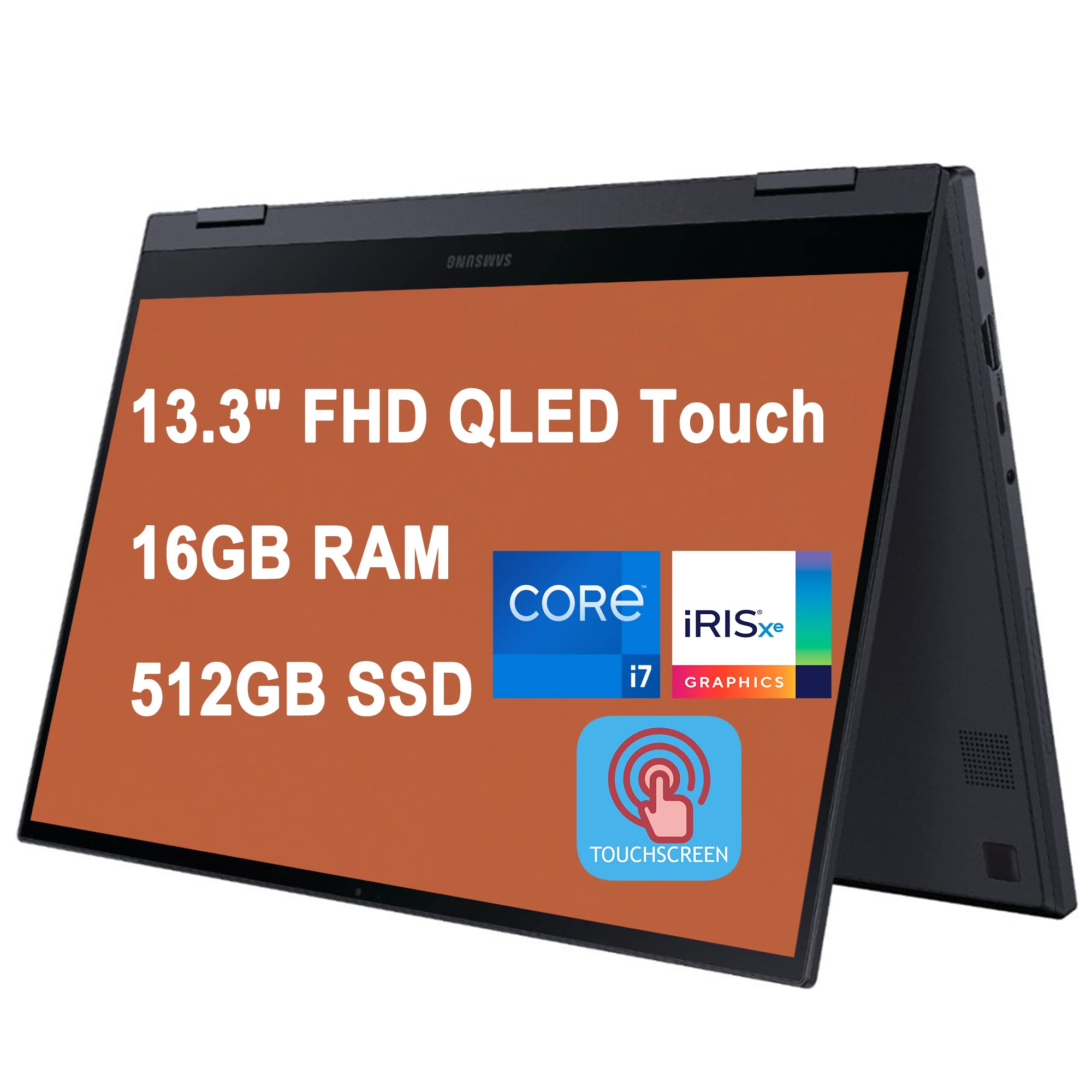 SAMSUNG Galaxy Book Flex2 Alpha 2-in-1 13 Laptop 13.3" FHD QLED Touchscreen 11th Gen Intel Quad-Core i7-1165G7 16GB RAM 512GB SSD Backlit Keyboard Fingerprint USB-C Dolby Atmos Win10 Black