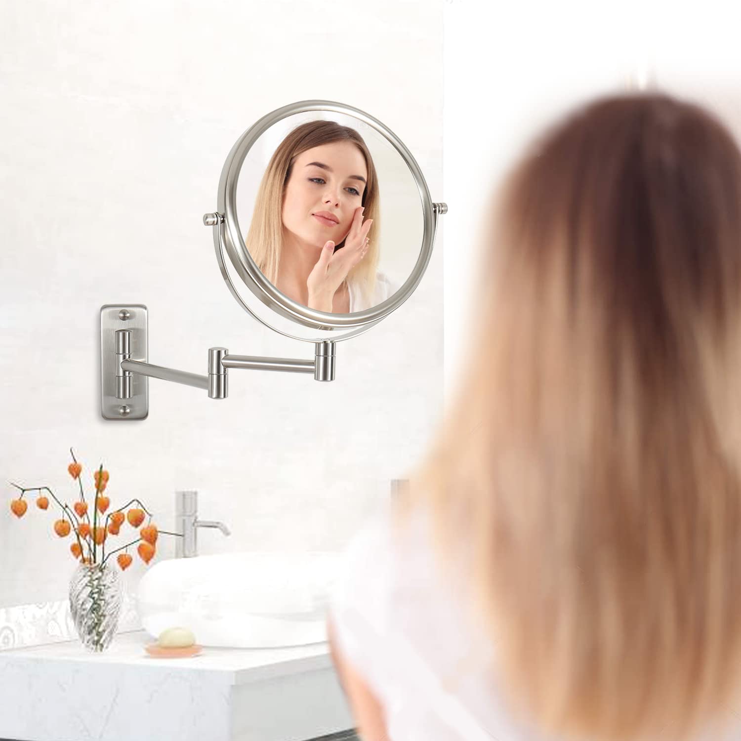 Erlingeryi 8" Wall Mounted Makeup Mirror 1X/ 10x Magnifying Mirror Double Sided Vanity Makeup Mirror for Bathroom Nickel Brush Finish