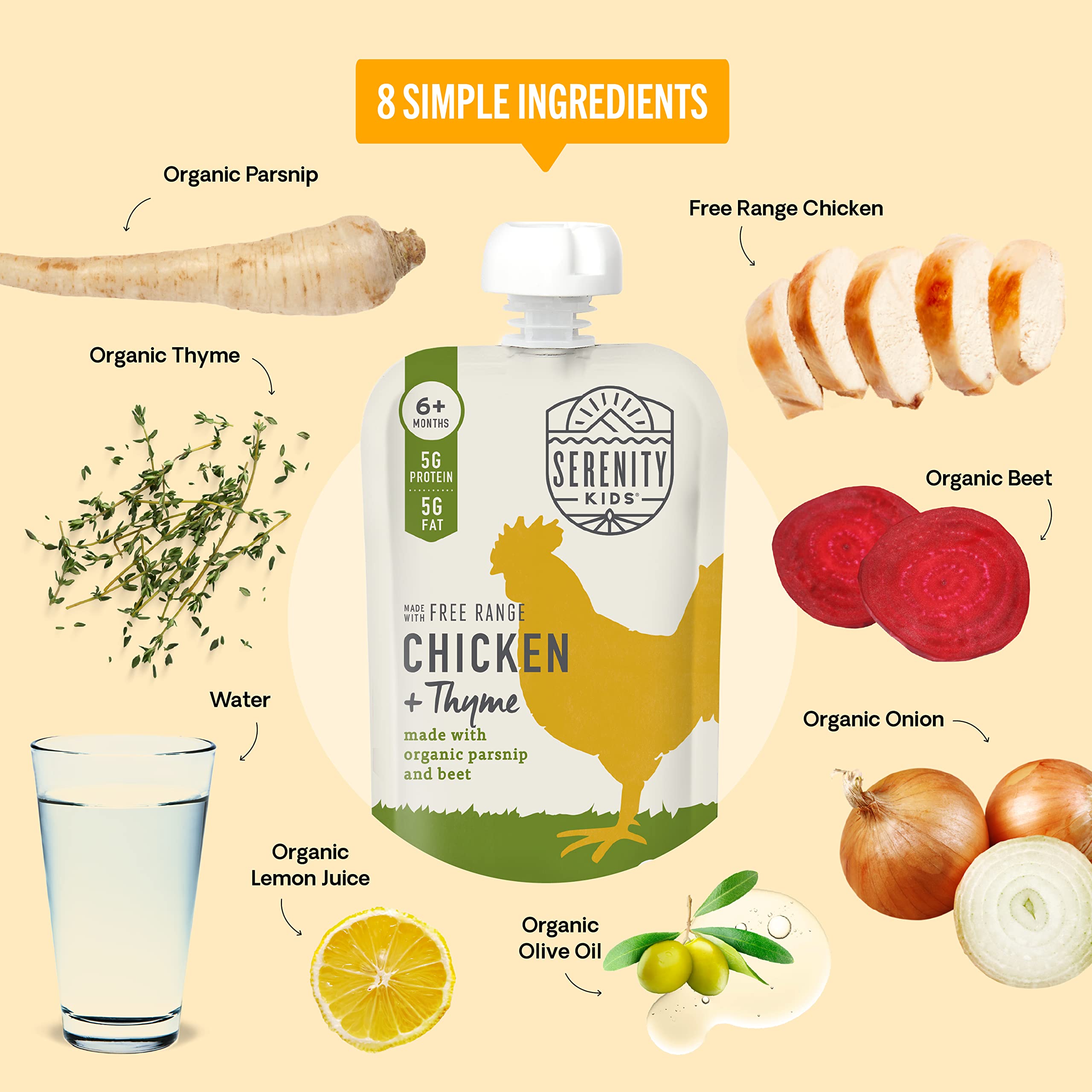 Serenity Kids 6+ Months Baby Food Pouches Puree Made With Ethically Sourced Meats & Organic Veggies | 3.5 Ounce BPA-Free Pouch | Free Range Chicken & Thyme, Parsnip, Beet | 1 Count