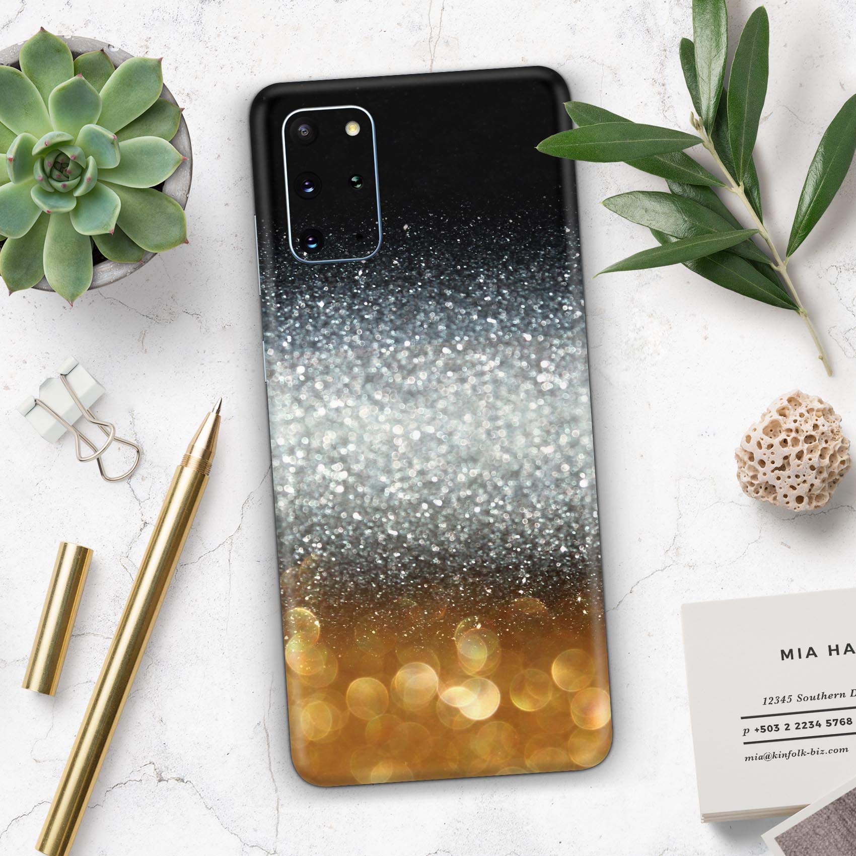 DesignSkinz Unfocused Silver Sparkle with Gold Orbs Protective Vinyl Decal Wrap Skin Cover Compatible with The Samsung Galaxy S20 (Screen Trim & Back Glass Skin)