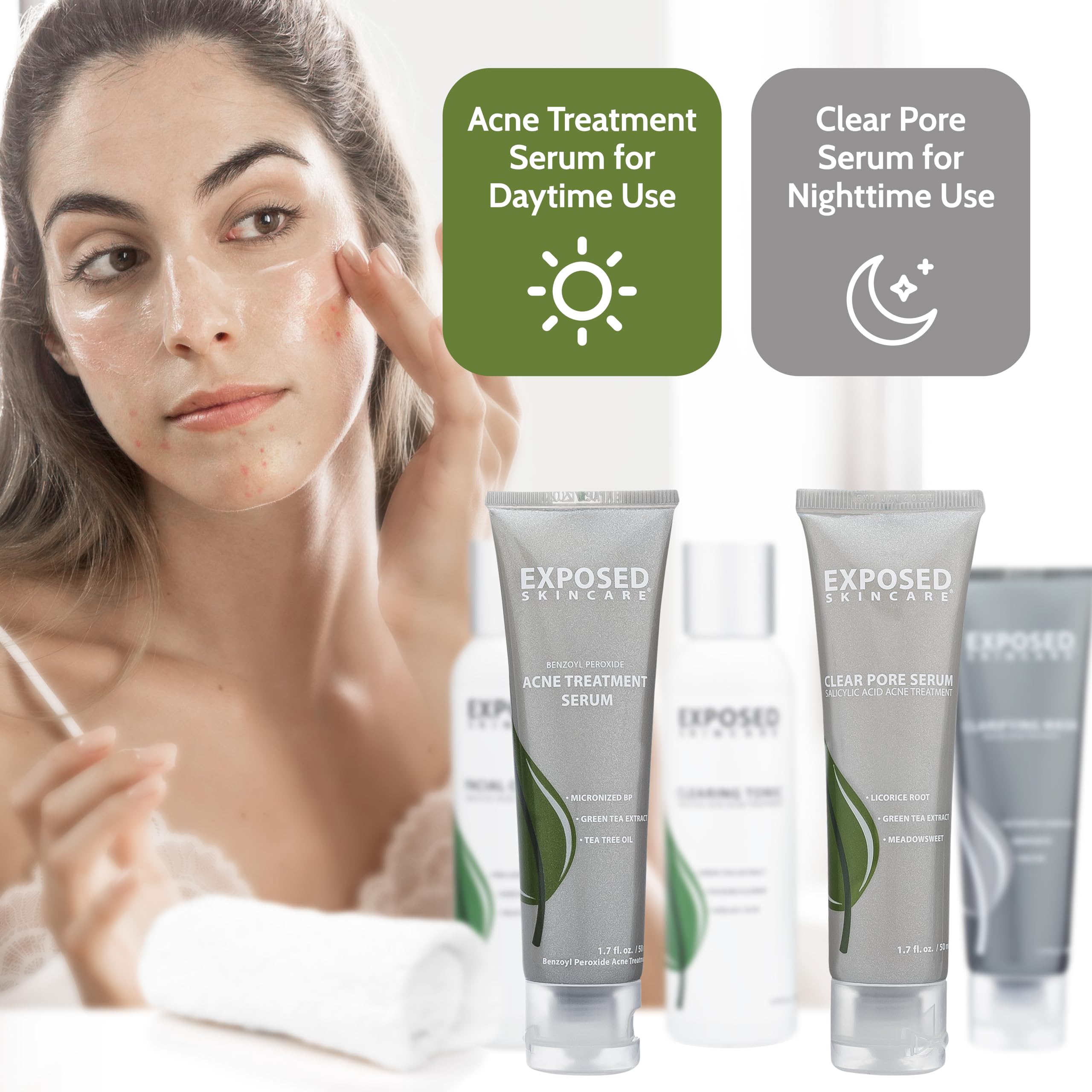 Exposed Skin Care Acne Treatment Kit - Includes Facial Cleanser, Clearing Tonic, Acne Treatment Serum, Clear Pore Serum, Clarifying Mask, Cloth - Natural Acne Solution for Face, All Ages & Skin Types