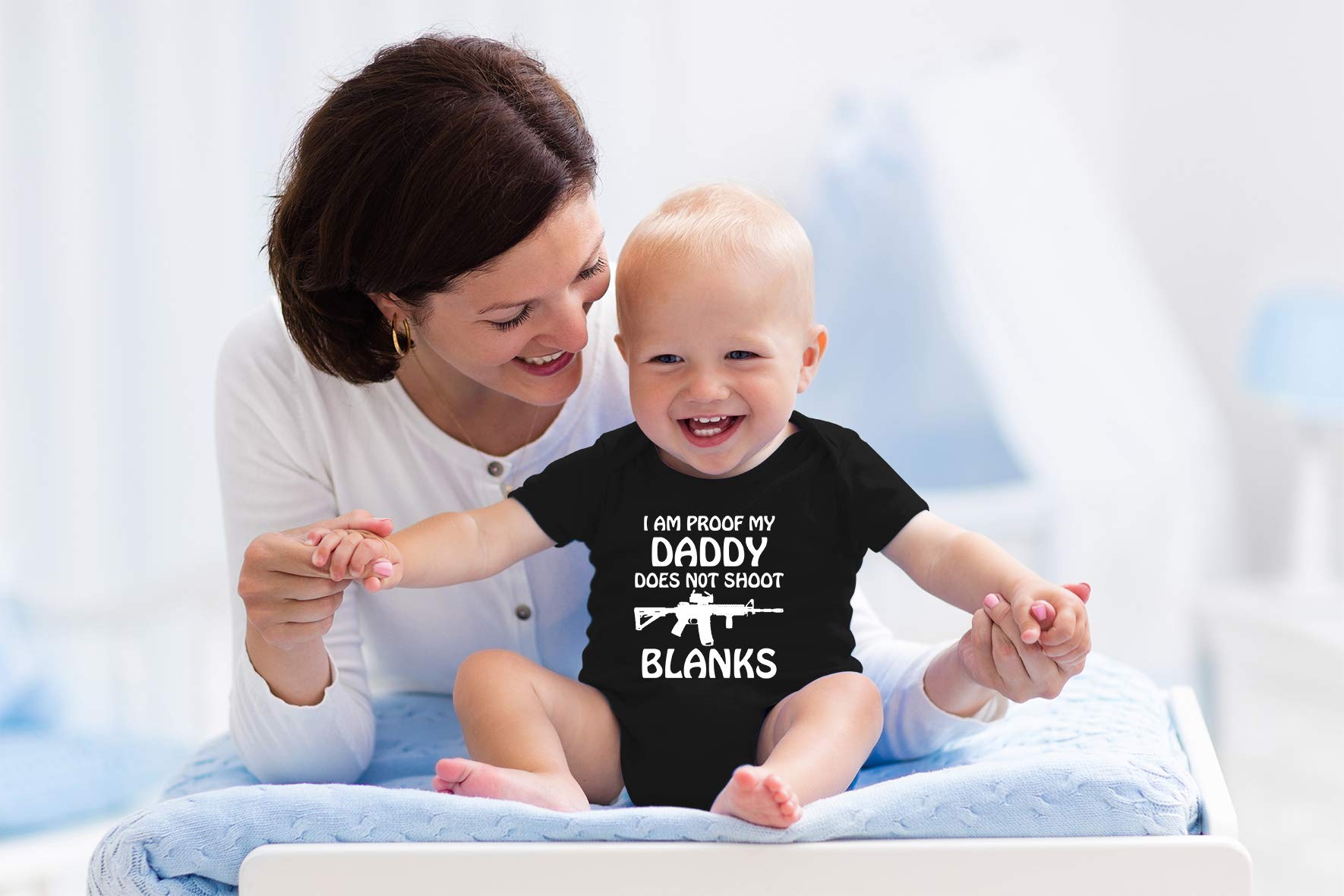 AW Fashions I Am Proof My Daddy Does Not Shoot Blanks Baby Bodysuit Funny Cute Newborn Infant Clothes (Newborn, Black)