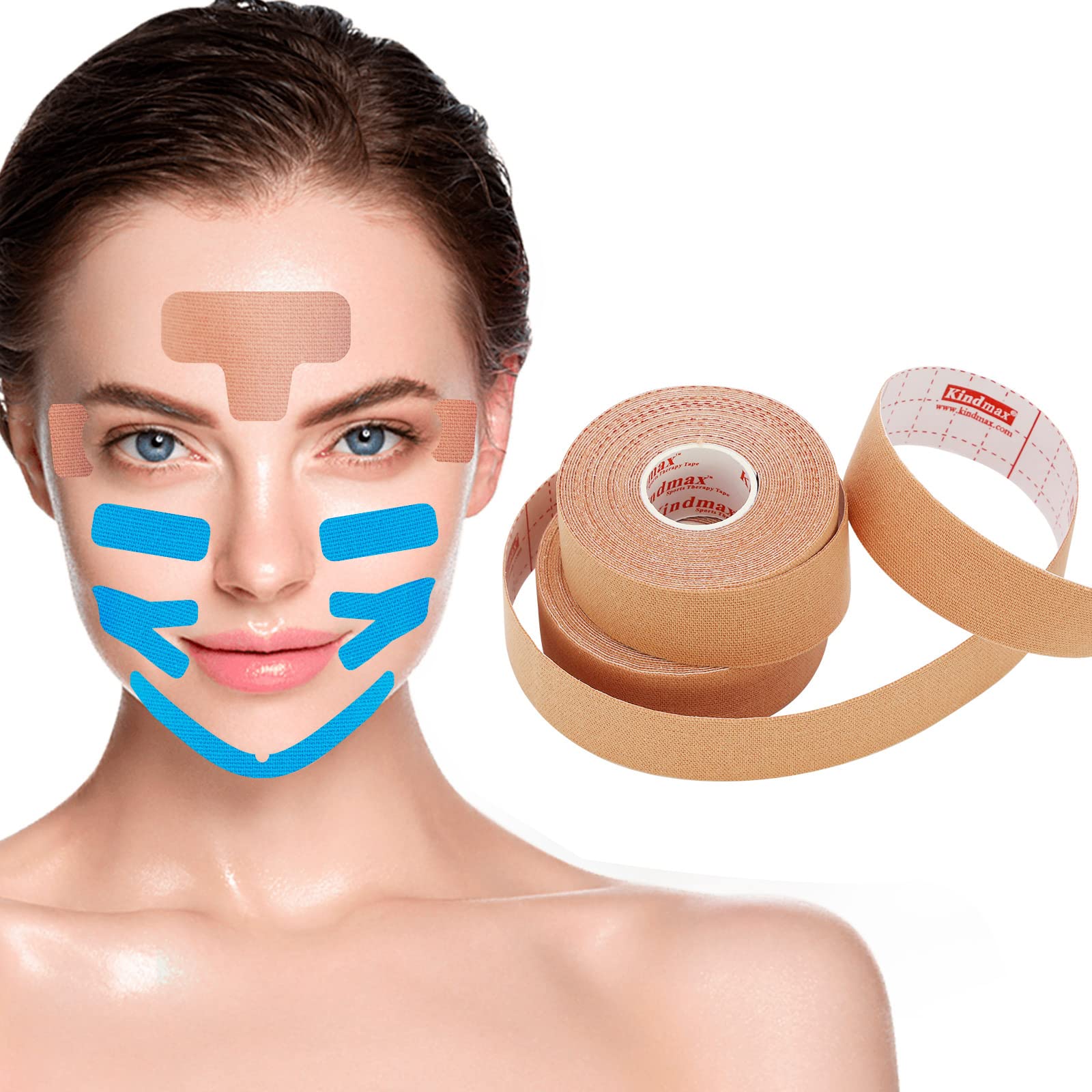 Kindmax Face Tape, 2 Rolls, Anti Wrinkles Patches, Face Eye Neck Lift Tape, V Line Lifting Chin Strap, Face Toning Belts, High Elasticity, Firming and Tightening Skin 2.5cm*5m (Beige)