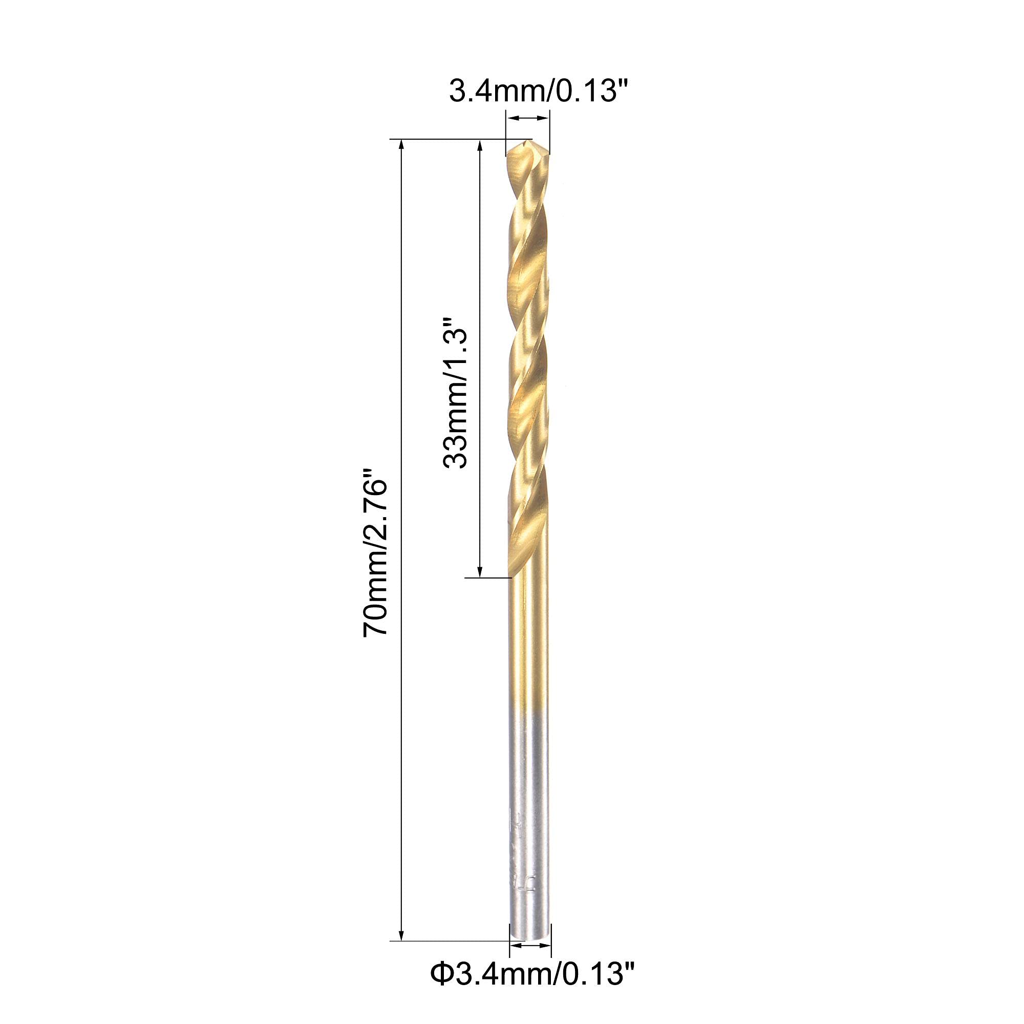 uxcell High Speed Steel Straight Shank Twist Drill Bit Fully Ground Titanium Coated 3.4mm Drill Diameter 70mm Total Length 33mm Drill Bit Length 2 Pcs