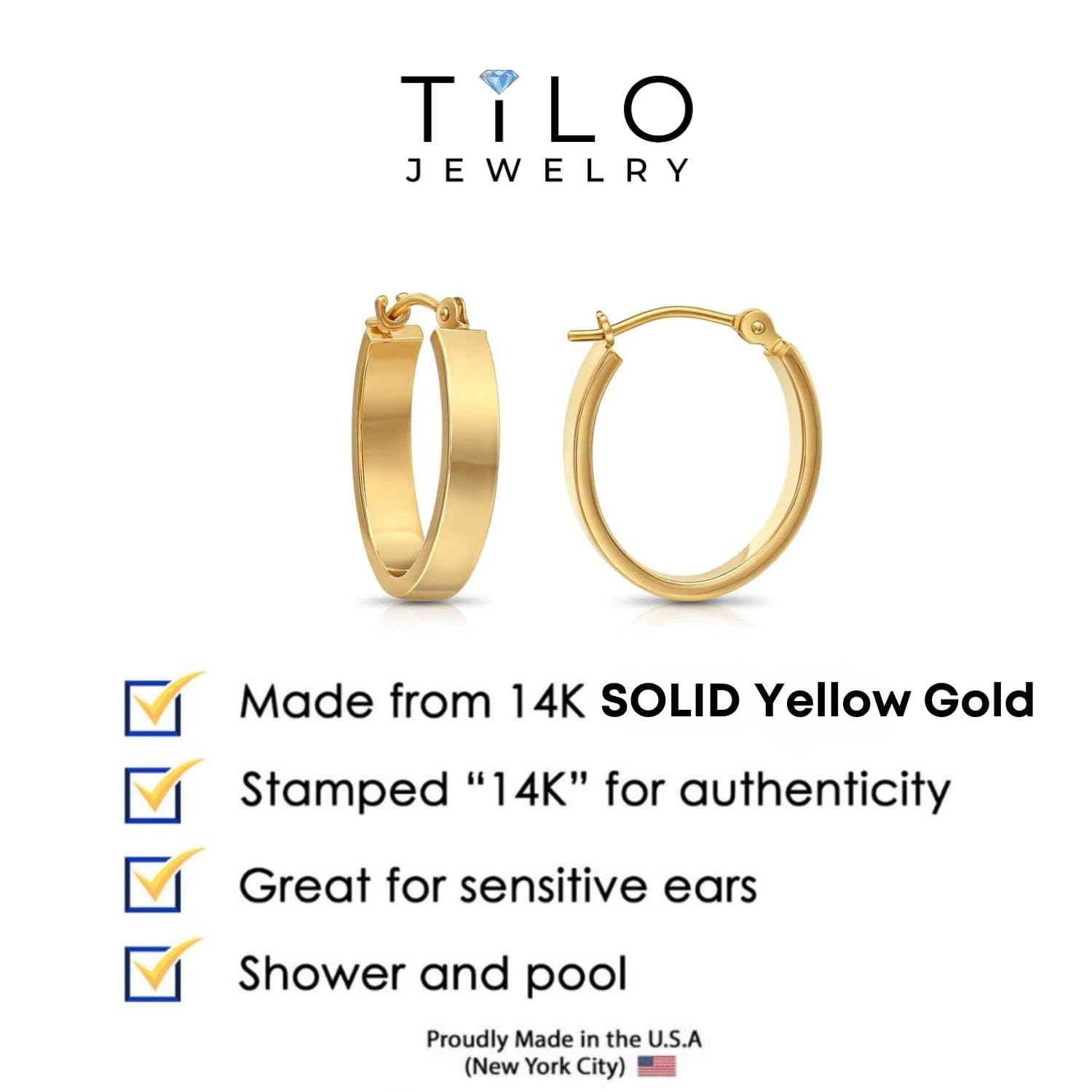 14k Gold Small Oval Flat Hoop Earrings, 0.7" Diameter (yellow-gold)…