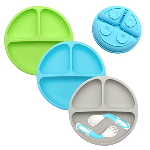 ANTUREBAY Suction Plates for Babies, 100% SiliconeToddler plates,Divided Baby Plates, Dishwasher & Microwave Friendly,Food Grade Silicone Kids Plates with Spoon Fork. (Blue,Green,Gray)