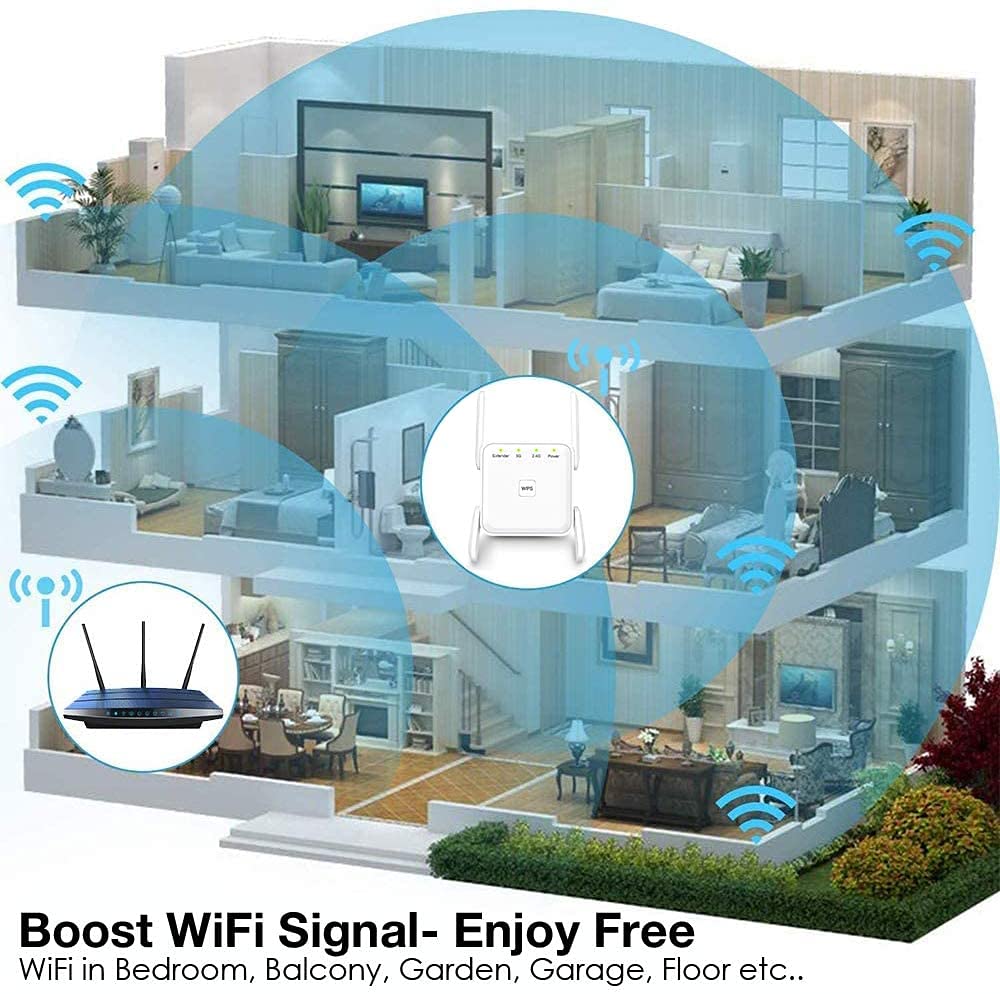 WiFi Range Extender - 1200Mbps WiFi Range Extender Wireless Signal Repeater Booster, Dual Band 2.4G and 5G Expander, 4 Antennas 360° Full Coverage, Extend WiFi Signal to Smart Home Devices