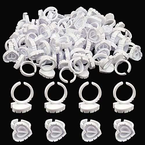 200 PCS Disposable Extension Glue Ring Lash Tattoo Nail Art Pigment Cup Heart Shape Plastic Glue Ring Holders Palette Container for Eyelash Extension Makeup Supplies