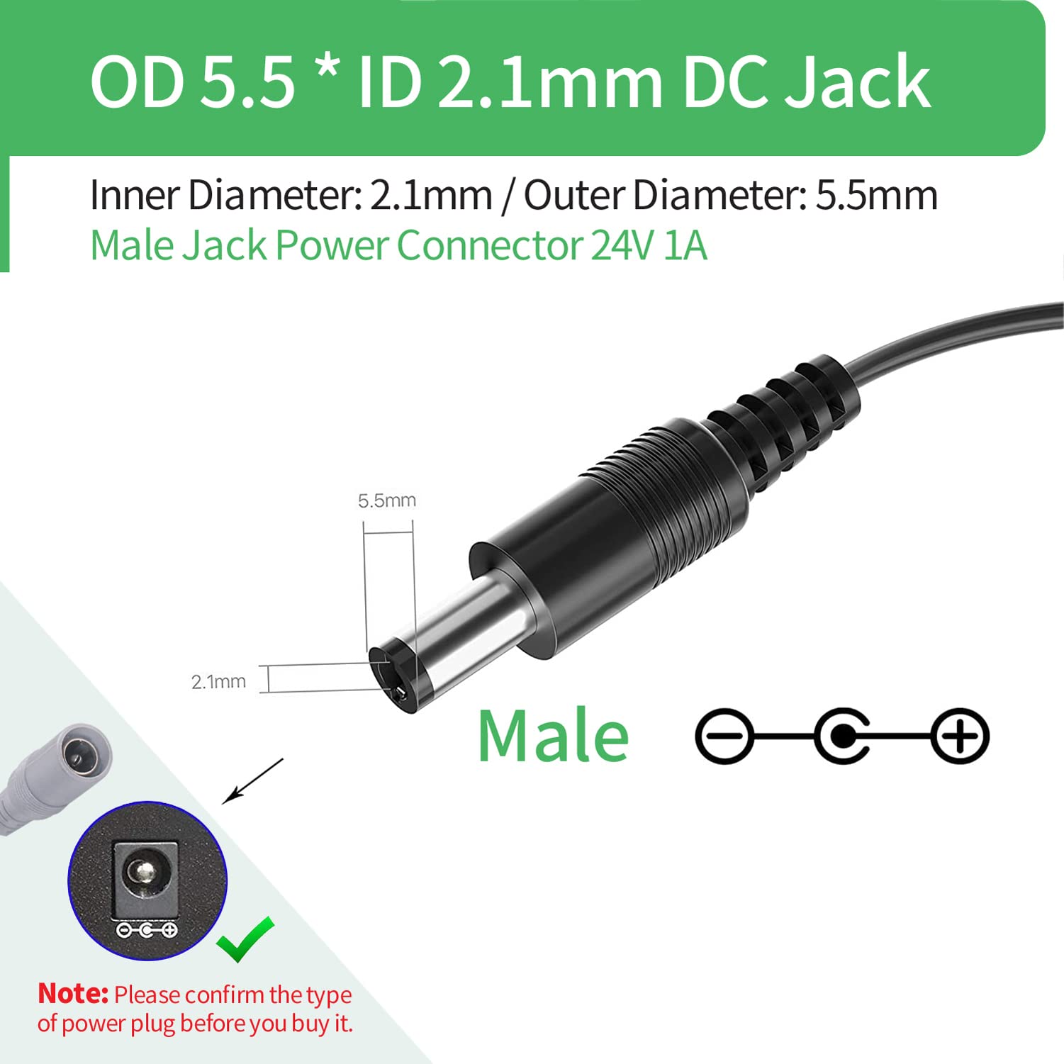 2-Pack AC to DC 24V 1A Power Supply Adapter, Plug 5.5mm x 2.1mm UL Listed FCC