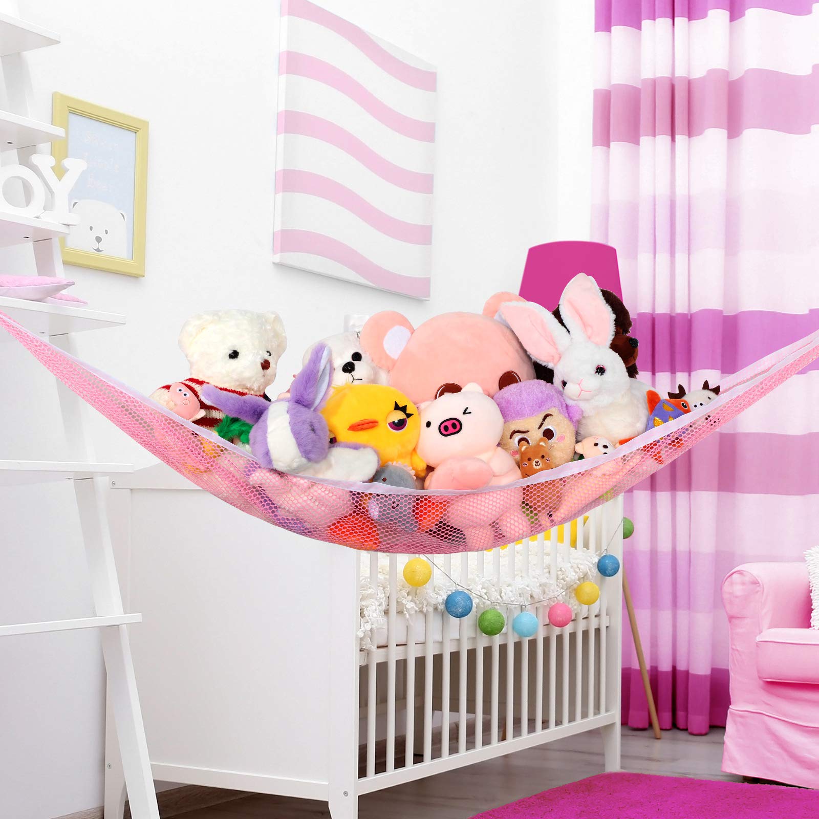 4 Pieces Stuffed Animal Hammocks Stuffed Toy Storage Hammock Nets Jumbo Wall Sling Corner Mesh Toy Organizer, Doll Hanging Net with Hooks for Bedroom Playroom Plush (Black, Blue, White, Pink)