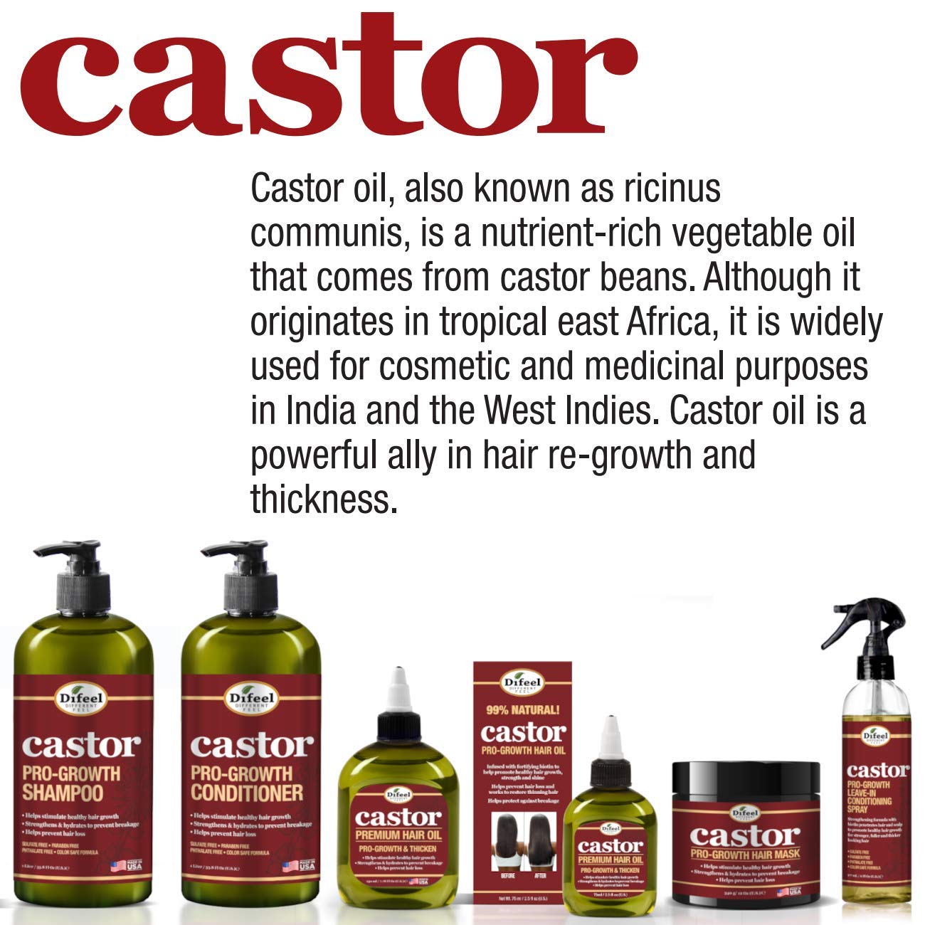 Difeel Pro-Growth Hair Care Set with Castor Oil - 3-PC Style: Shampoo & Conditioner 12oz EACH, & Hair Oil 8oz