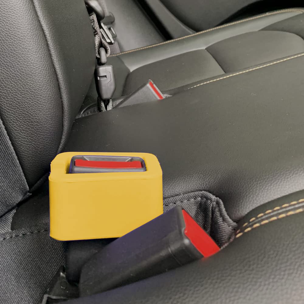BPA-Free Car Seat Belt Buckle Booster Yellow (Size: Short, Model: Wrap-Around) - Snaps Around Receptacle - Gift Fun Kid Safety Stickers - Raises and Stabilizes Your Receiver (4-Pack)