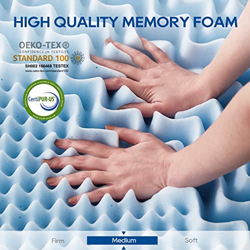 2 Inch 7-Zone Memory Foam Mattress Topper Queen with Bamboo Cover, Cooling Gel-Infused Swirl Egg Crate Memory Foam, Standard 100 by Oeko-TEX Certified, Blue