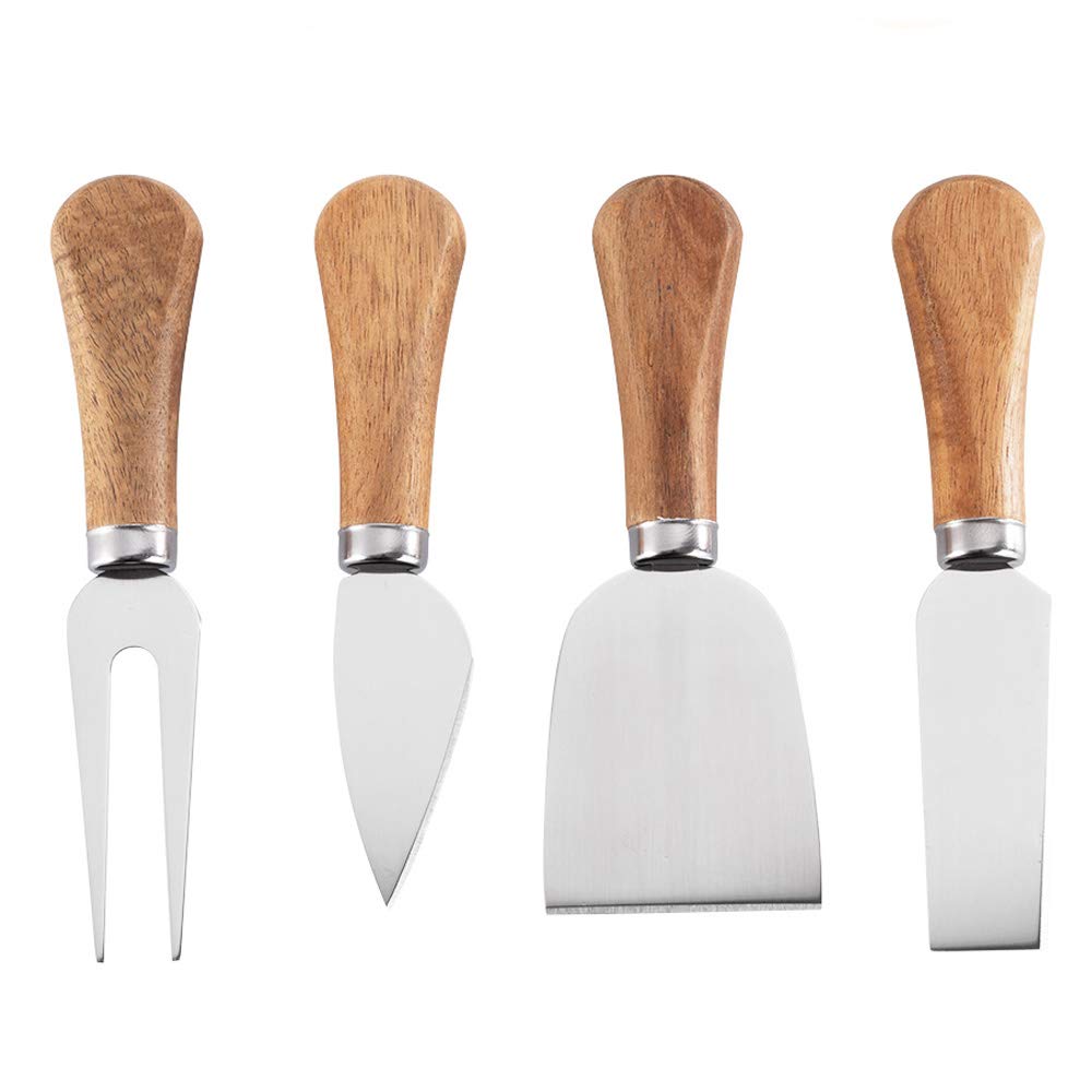 4 Piece Set Cheese Knife - Stainless Steel Cheese Cutter Board and Slicer, Fork Shaver and Spreader with Wood Handle, Sharp Butter Knife and Spatula for Cake Cutlery