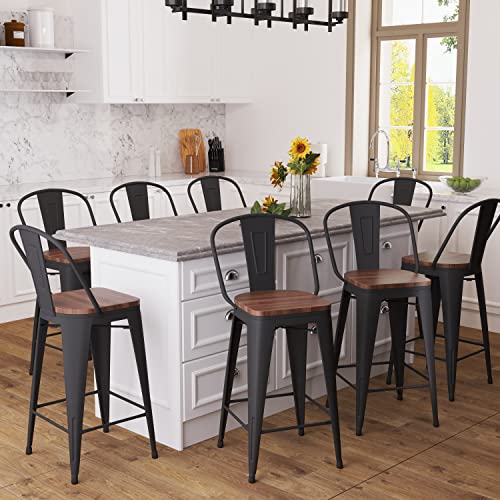 Aklaus Metal Bar Stools Set of 4,26 inch Barstools Counter Height Bar Stools with Backs Farmhouse Bar Stools with Larger seat High Back Kitchen Dining Chairs Modern Bar Chairs Matte Black Stool