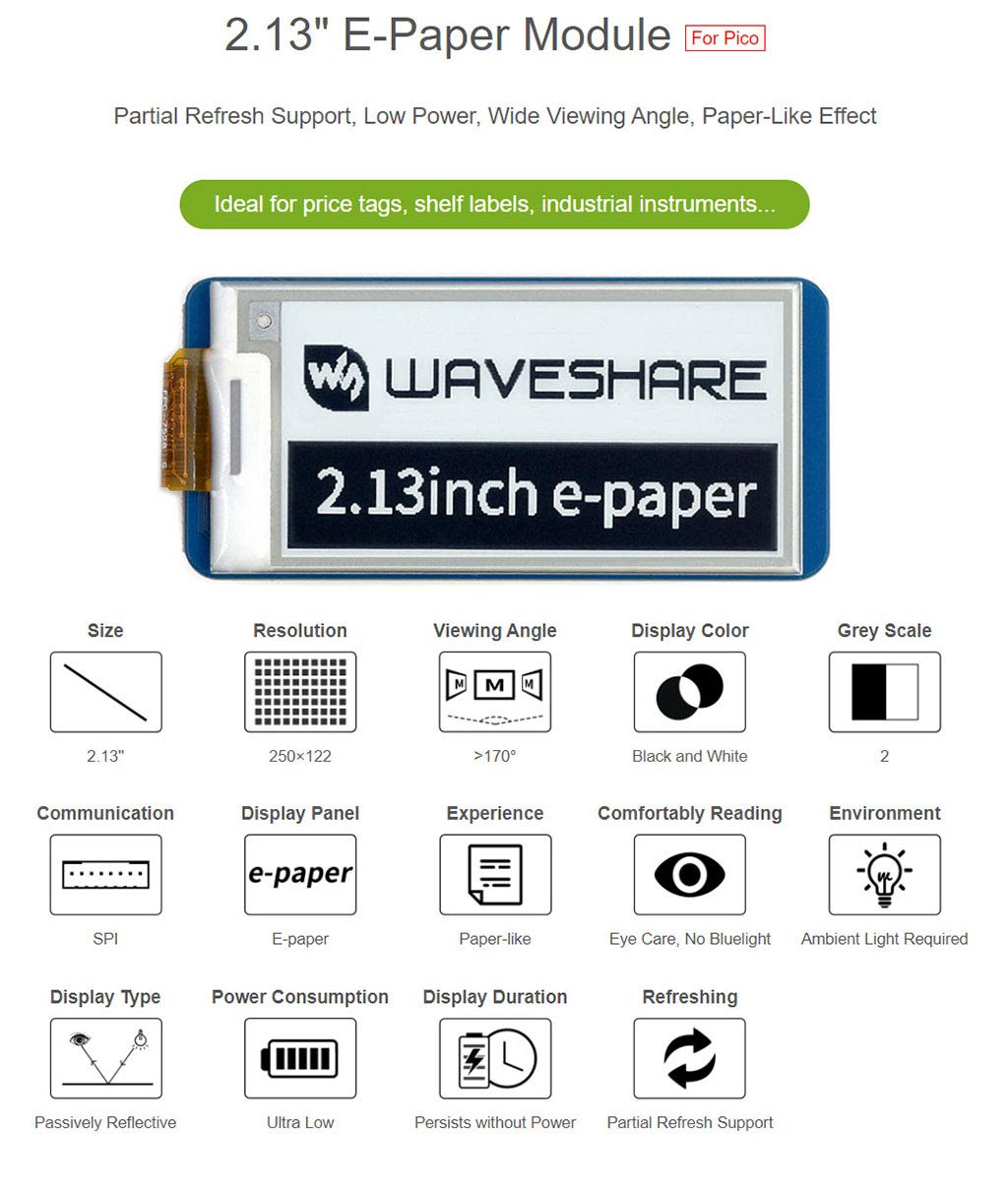 2.13inch E-Paper E-Ink Display Module for Raspberry Pi Pico, 250×122 Pixels, Two Colors Black/White, SPI Interface Support Partial Refresh