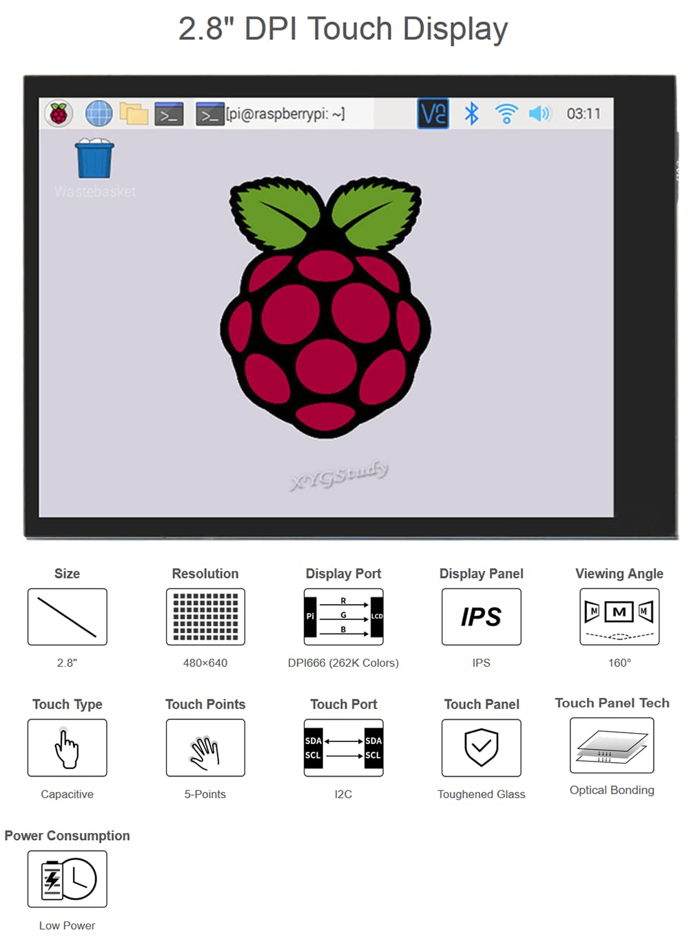 2.8 inch IPS 480×640 Display LCD DPI Interface Capacitive Touch Screen Fully Laminated Toughened Glass Cover Supports Raspbian Kali Raspberry Pi 4B/3B+/3B/2B/Zero/Zero W WH @XYGStudy