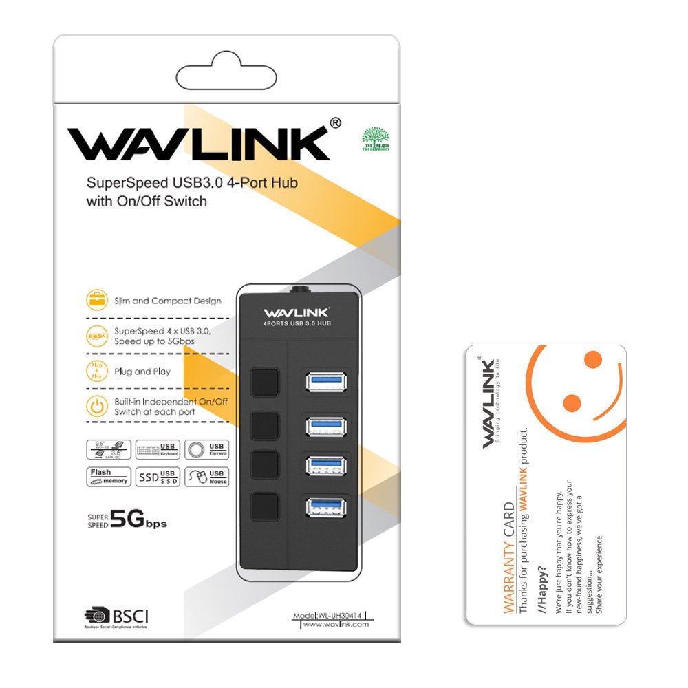 4 Port USB 3.0 Hub,Wavlink USB Hub with Individual Power Switches and LEDs Super Speed 5Gbps Data Transfer Hub for Mac Laptop Ultrabook and Tablet PC