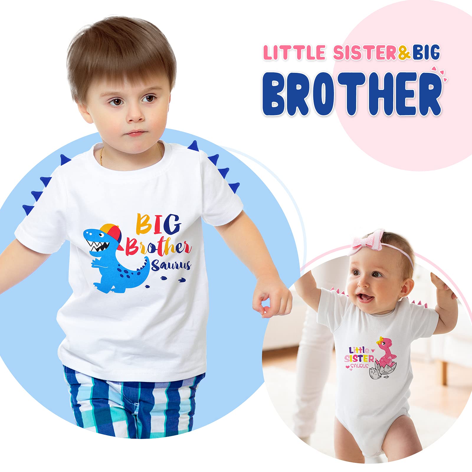 WAWSAM Big Brother Little Sister Matching Outfits Dinosaur Sibling Shirts Set Gift, White, 3T(Kid)/0-3M(Baby NB)